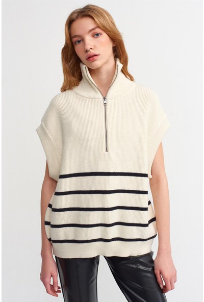 Dilvin Kadın Yarım Balıkçı Fermuarlı Çizgili Siyah Süveter 1325