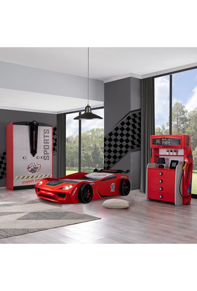 Setay Sports Çocuk Odası Takımı, Kırmızı - Vento Arabalı Yatak - Dolap - Şifonyer