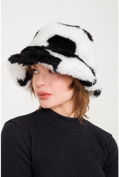 Bahels Kadın Özel Seri Siyah Beyaz Detaylı Peluş Bucket Şapka