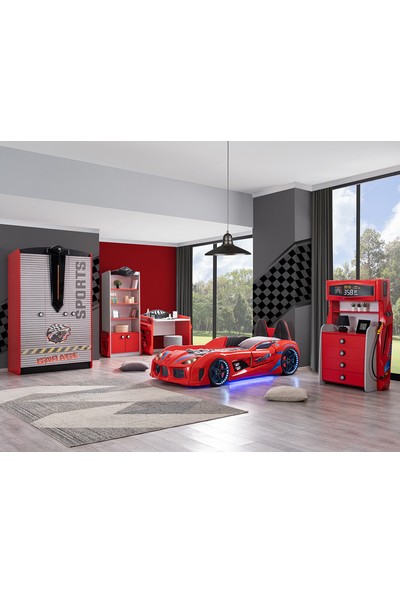 Setay Sports Çocuk Odası Takımı, Kırmızı - Audi Arabalı Yatak - Dolap - Masa - Şifonyer - Kitaplık