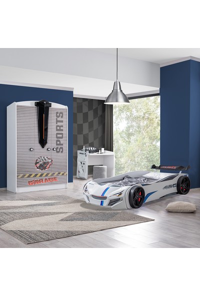 Setay Sports Çocuk Odası Takımı, Beyaz - Merso Arabalı Yatak - Dolap - Masa Setay Sports Çocuk Odası Takımı, Beyaz - Merso Arabalı Yatak - Dolap - Masa