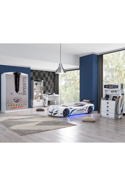 Setay Sports Çocuk Odası Takımı, Beyaz - Mercedes Arabalı Yatak - Dolap - Masa - Şifonyer - Kitaplık
