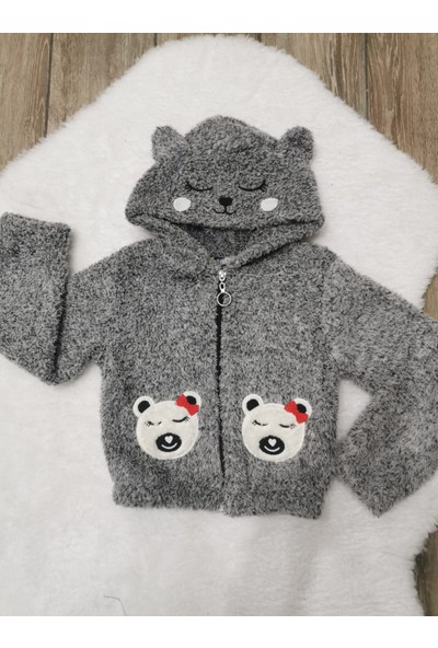 Yağız Bebe Kız Çocuk Kapşonlu Peluş Gri Hırka