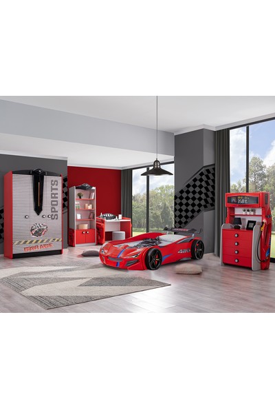 Setay Sports Çocuk Odası Takımı, Kırmızı - Merso Arabalı Yatak - Dolap - Masa - Şifonyer - Kitaplık