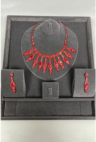 Hayalperest Boncuk Henna Taşlı Abiye Kolye Küpe Seti Kırmızı