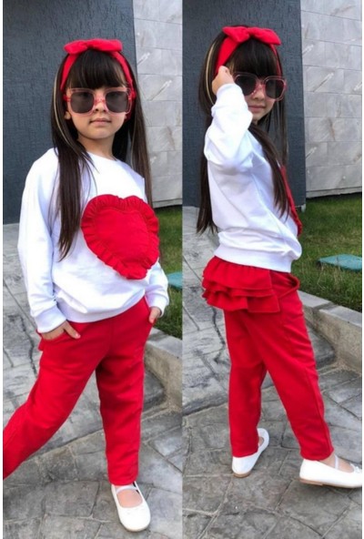 Riccotarz Kız Çocuk Fırfırlı Kalp Baskılı Bandanalı Kırmızı Eşofman Takım