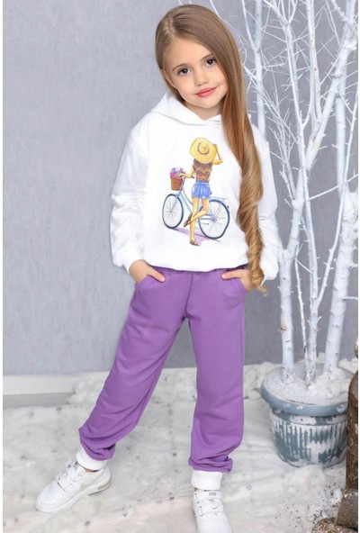 Riccotarz Kız Çocuk Bisikletli Kız Baskılı Kapüşonlu Uzun Kol Lila Eşofman Takım