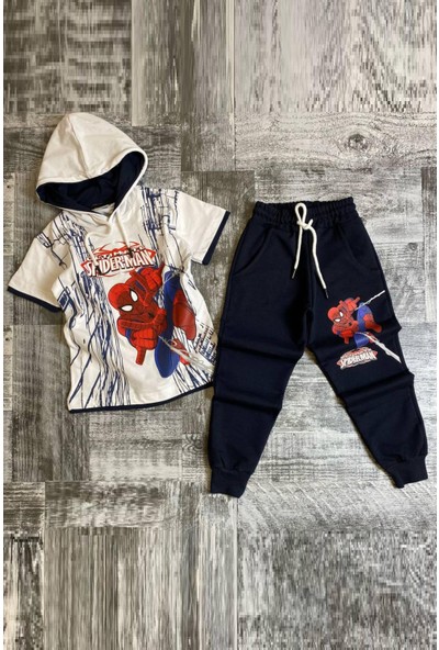 Riccotarz Erkek Çocuk Spider-Man Baskılı Kapüşonlu Kısa Kol Beyaz Eşofman Takım