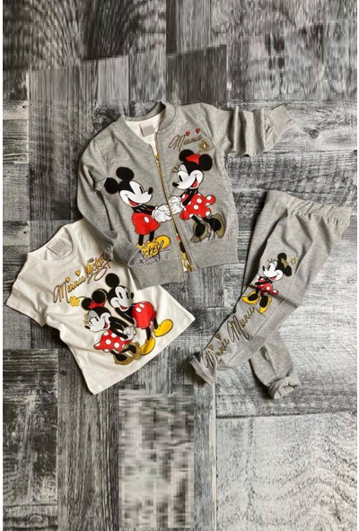 Riccotarz Kız Çocuk Simli Minnie Mouse Baskılı 3'lü Gri Eşofman Takım