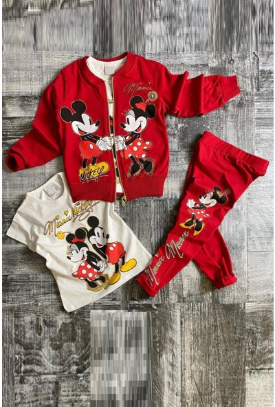 Riccotarz Kız Çocuk Simli Minnie Mouse Baskılı 3'lü Kırmızı Eşofman Takım