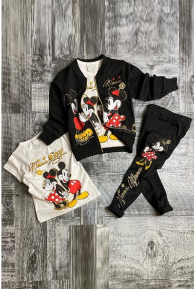 Riccotarz Kız Çocuk Simli Minnie Mouse Baskılı 3'lü Siyah Eşofman Takım