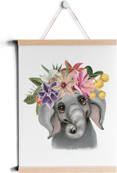 Sulu Boya Çiçekli Fil Pu Deri Çocuk Odası Duvar Tablosu