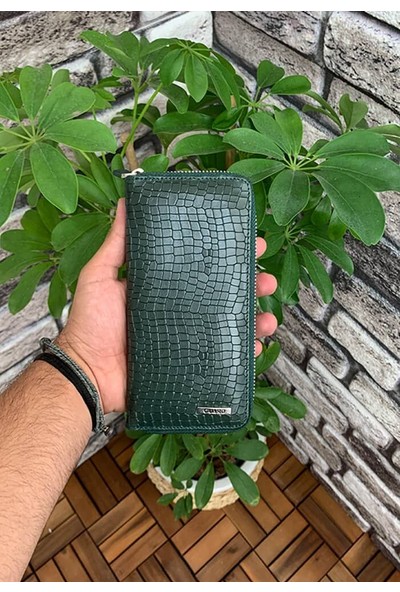 Guard Deri Yeşil Texas Baskılı Fermuarlı Portföy Cüzdan