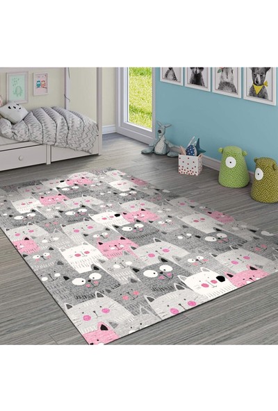 Sermod 77-Sevimli Kediler Kaymaz Lastikli Süngerli Çocuk Halı Ötüsü