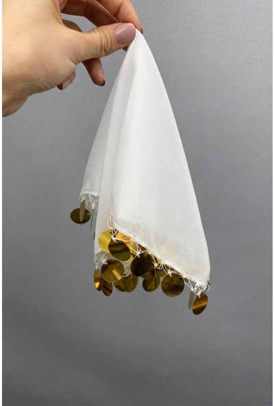 Hayalperest Boncuk Gold Pul Işlemeli Lüx Halay Mendili 5 Adet Beyaz