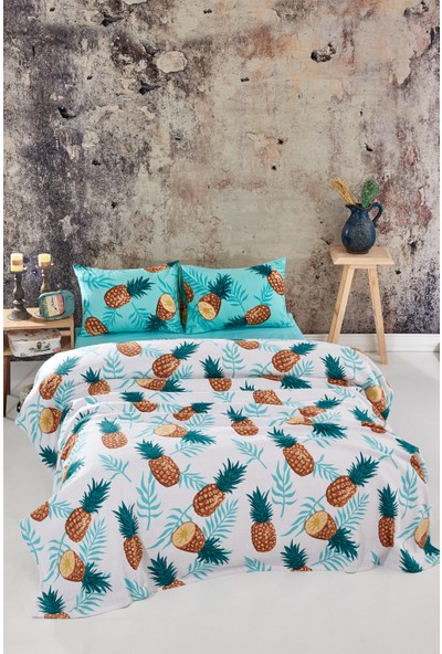 Fushia Ananas Desenli Çift Kişilik Pike Beyaz