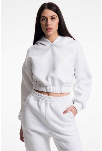 Soufeel Kadın Beyaz Kısa Kapüşonlu Sweatshirt Eşofman Altı Set Eşofman Takımı
