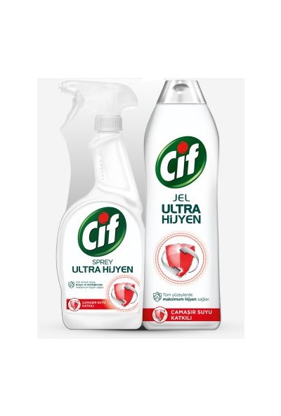 Cif Sprey Temizleyici Çamaşır Suyu Katkılı 750 ml + Cif Ultra Hijyen Jel 750 ml Cif Sprey Temizleyici Çamaşır Suyu Katkılı 750 ml + Cif Ultra Hijyen Jel 750 ml