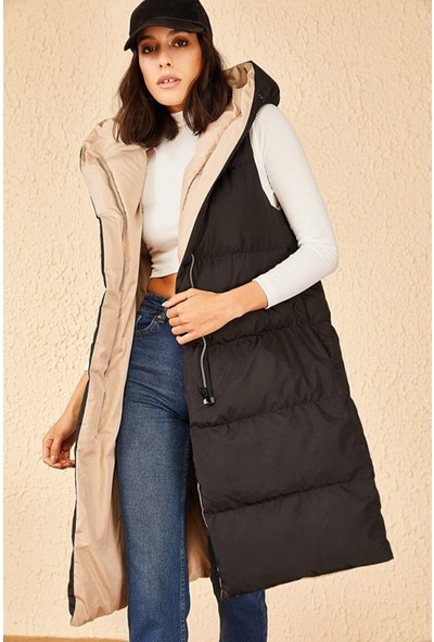 Hera Fashion Kadın Çift Taraflı Uzun Kapüşonlu Kolsuz Şişme Yelek