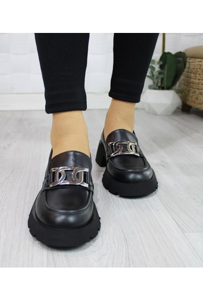 FUNB Hakiki Deri Halka Detaylı Kadın Oxford Ayakkabı Siyah