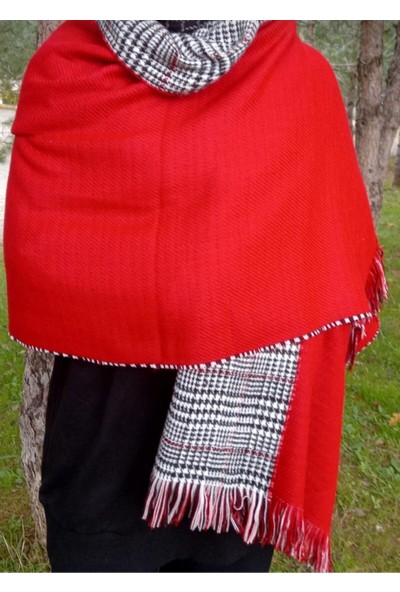 Har-Um Ticaret Çift Taraflı Kazayağı Desenli Kırmızı Kalın Şal