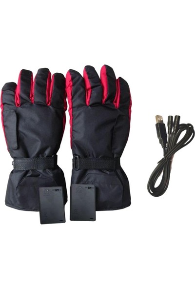 1 Çift Isıtmalı Eldiven Rüzgar Geçirmez Kış Açık Yürüyüş Hava Eldiven Siyah Kırmızı Kılıf USB