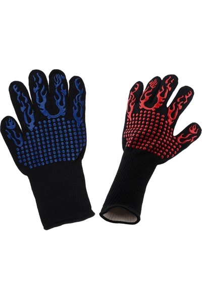 2 Adet Barbekü Yangına Dayanıklı Izgara Eldivenleri 800 ° C Isıya Dayanıklı Kırmızı ve Mavi Alev