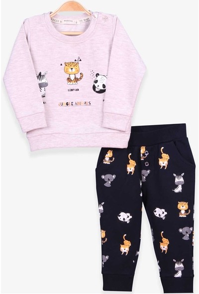 Breeze Erkek Bebek Eşofman Takım Baskılı Bej Melanj Soft Giyim (9 Ay-2 Yaş)