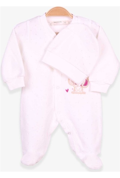 Moto Angela Kız Bebek Tulum Fil Nakışlı Şapkalı Set Ekru Soft Giyim (0-3 Ay-6 Ay)