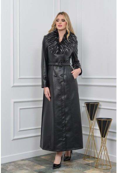 Modamix Kürklü Yaka Düğmele Kadın Deri Kaban 4355 Modamix Kürklü Yaka Düğmele Kadın Deri Kaban 4355