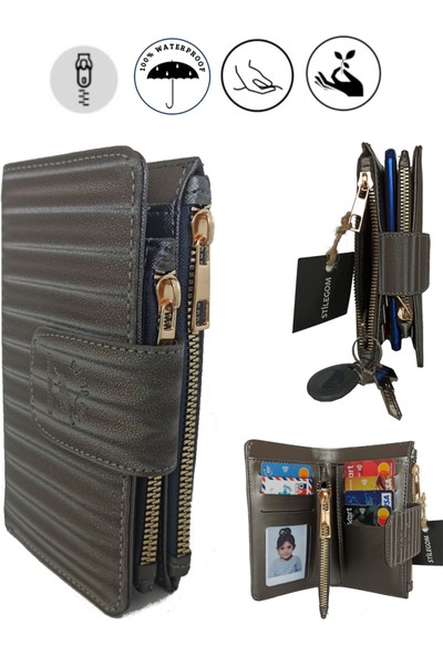 STİLEGOM Sevgililer Gününe Özel Hediyelik Kadın Gri Cüzdan Fermuarlı Bozuk Para & Kredi Kartlığı Bölmeli