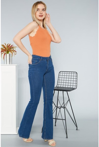 Kasheha Koyu Mavi Yüksek Bel Ispanyol Paça Likralı Kot Pantolon - KAD3325559