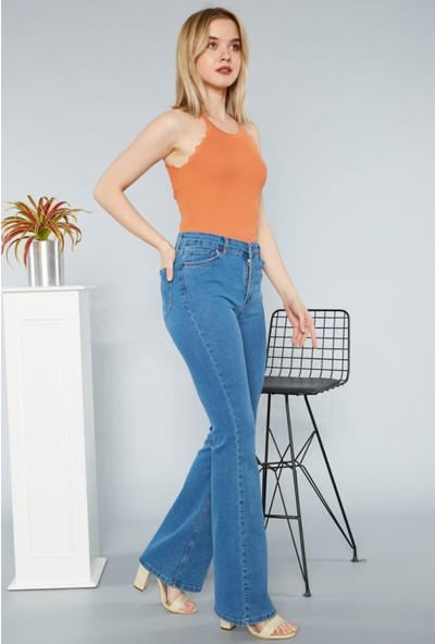 Kasheha Mavi Yüksek Bel Ispanyol Paça Likralı Kot Pantolon - KAD3325559