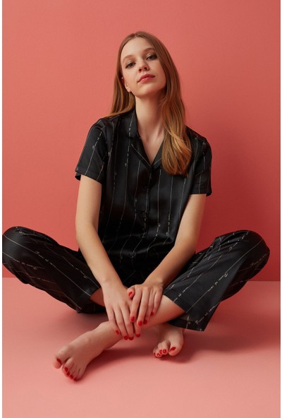 Penti Siyah Into The Night Saten Gömlek Pijama Takımı