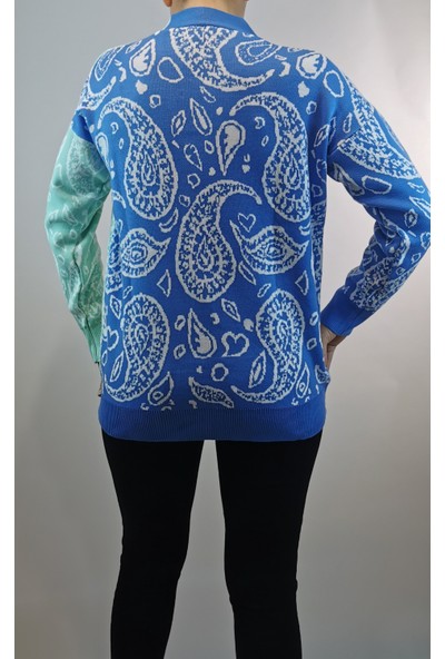 Lacivert Butik Desenli Oversize Düğmeli Hırka