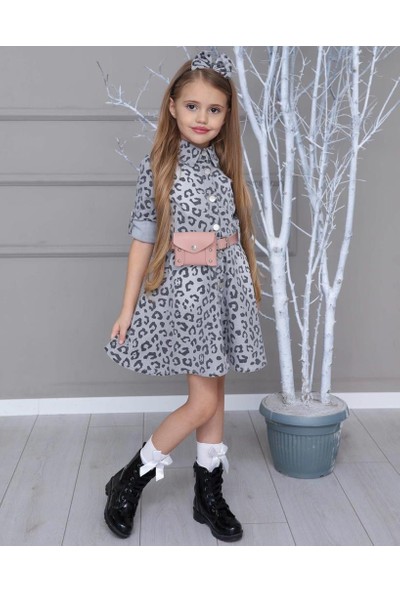 Uğur Böceği Çocuk Leopar Desenli Kot Elbise 4 Lü Şık Kombin