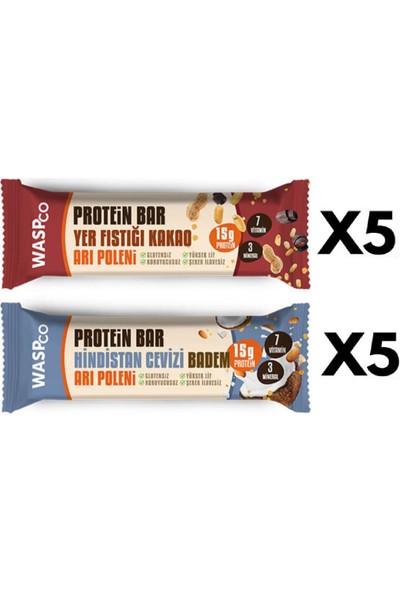 Waspco Sporcu Protein Bar 50 gr X10 Yer Fıstığı & Kakao ve Hindistan Cevizi & Badem