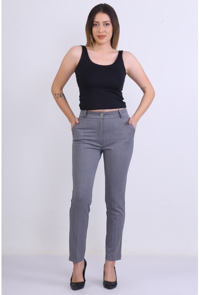 e-bizz store Kadın Yüksek Bel Kalem Kesim Kumaş Gri Pantolon