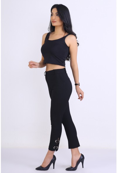 e-bizz store Kadın Yüksek Bel Kalem Kesim Kuşgözü Detaylı Kumaş Siyah Pantolon