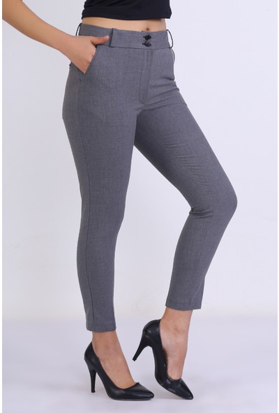 e-bizz store Kadın Yüksek Bel Kalem Kesim Paça Boyu Uzun Kumaş Gri Pantolon