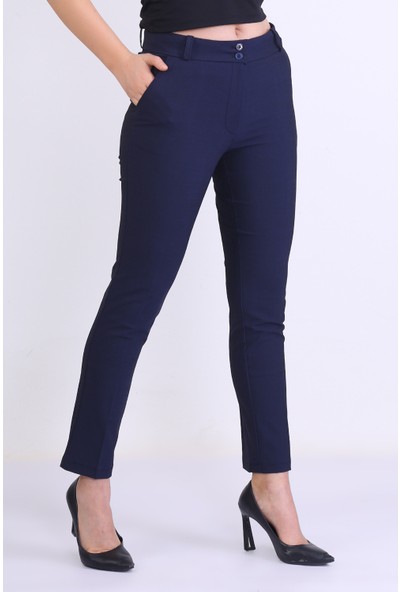 e-bizz store Kadın Yüksek Bel Kalem Kesim Paça Boyu Uzun Kumaş Lacivert Pantolon