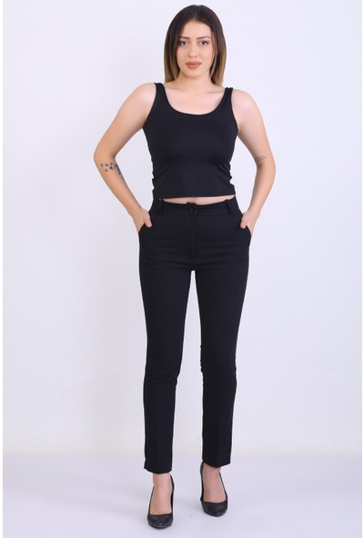 e-bizz store Kadın Yüksek Bel Kalem Kesim Paça Boyu Uzun Kumaş Siyah Pantolon