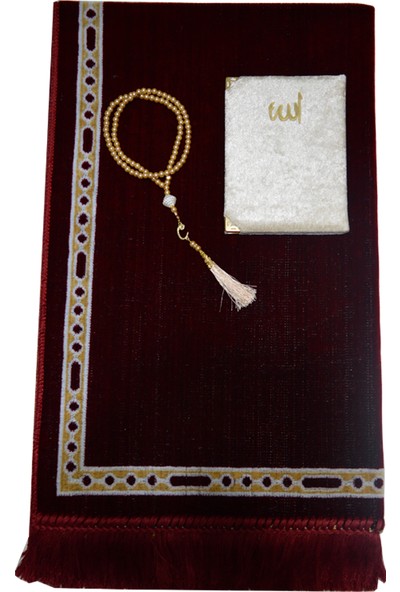 Haziran Kırmızı Beyaz Lüks Kadife Namaz Seccade Seti