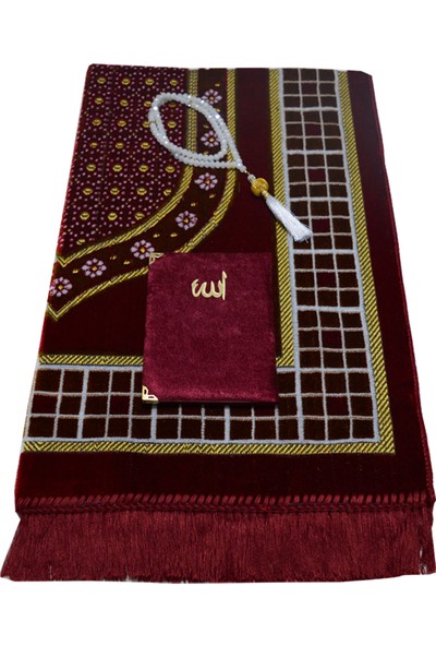 Haziran Çeyizlik Kare Desenli Kadife Namaz Seccade Seti Lüks - Kırmızı Haziran Çeyizlik Kare Desenli Kadife Namaz Seccade Seti Lüks - Kırmızı