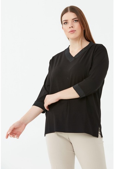 Selen Giyim Büyük Beden V Yaka Ribanalı Penye Bluz