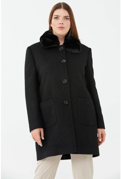 Selen Giyim Büyük Beden Yakası Kürklü Simli Kaban