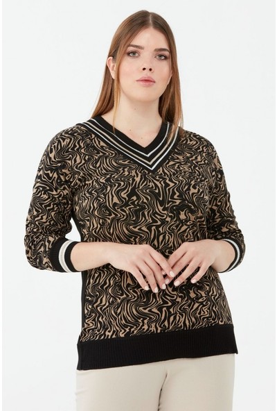 Selen Giyim Büyük Beden Yakası Ribanalı Emprime Bluz