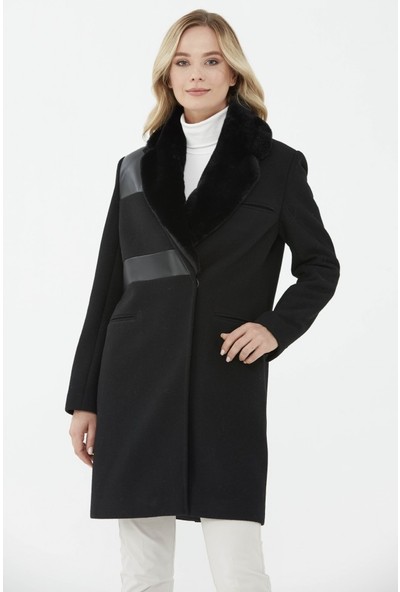 Selen Giyim Yakası Kürklü Deri Kombinli Kaban