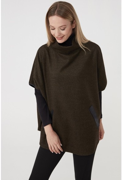 Selen Giyim Balıkçı Yaka Cebi Deri Pelerin