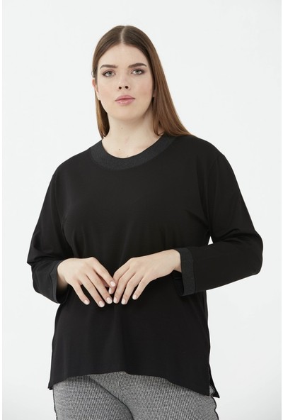 Selen Giyim Büyük Beden Yakası Ve Kol Ucu Ribanalı Penye Bluz